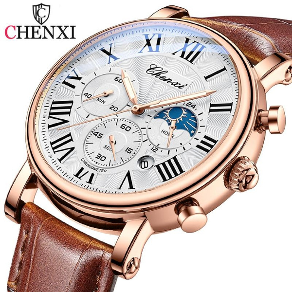 CHENXI Men Luxury Quartz Watch Roman Numerals Chronograph Business Watch Moon Phase Waterproof ...