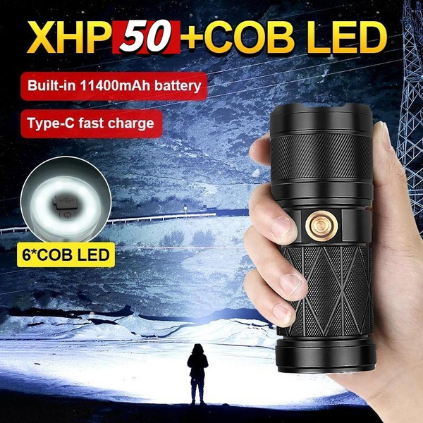 Powerful XHP50 LED Flashlight Torch Light Built-in Type-C Rechargeable ...