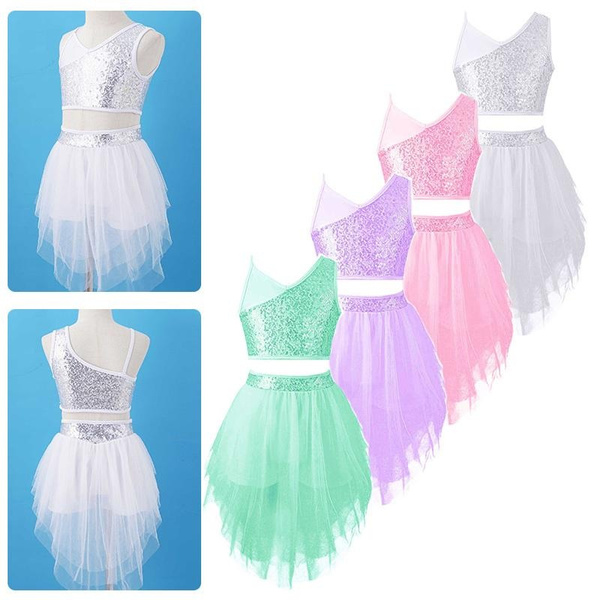 Kids Girls Sequins Crop Top with Skirt Gymnastics Dancewear Modern ...