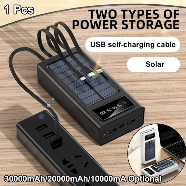 1 Pcs Solar Power Bank Built Cables Solar Charger 2 USB Ports External ...