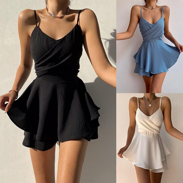 Women's Fashion Ruffles Sling Zipper Jumpsuit Sleeveless Halter Elegant ...
