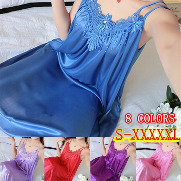 8 Colors Plus Size Women Pajamas Dress Lace Satin Short Sleeve Long ...