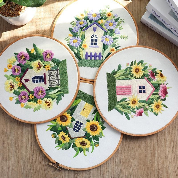 Hand DIY Cross Stitch Kits Plants Sunflowers House Building Embroidery ...