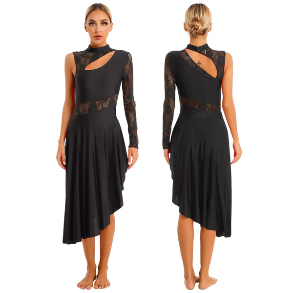 Women Lyrical Dance Costume Sheer Lace Side Split Dance Dress Latin ...