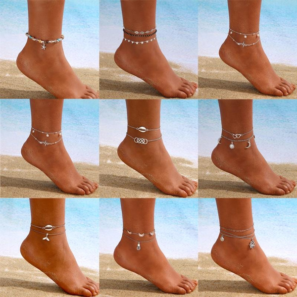 2023 Summer Fashion Anklet Super Cute Silver Love Heart Multilayer ...