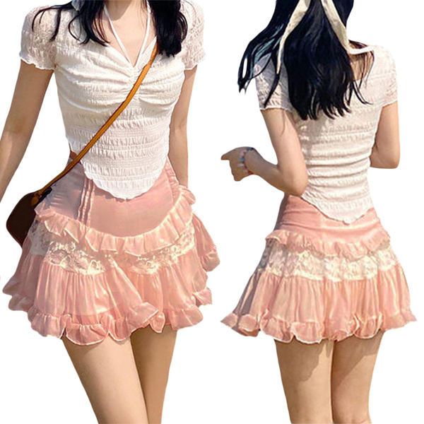 Women's Summer Mini Skirts, Cute High Waist Lace Patchwork Ruffle Hem A ...