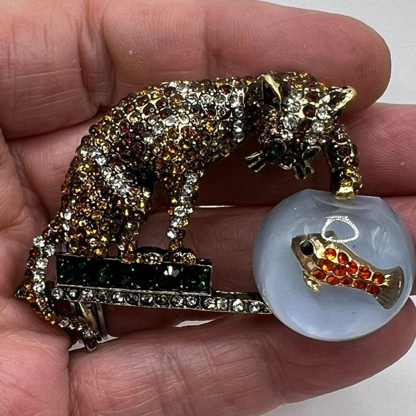 CAT And FISH BROOCH Pin Rhinestone Clear Lucite Fishbowl Humor Costume ...