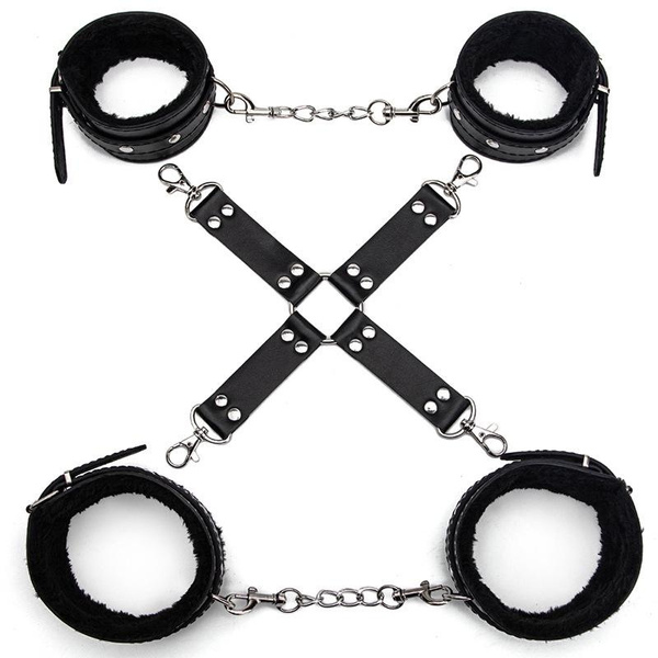 Leather BDSM Kits Plush Sex Bondage Set Handcuffs Ankle Cuffs with ...