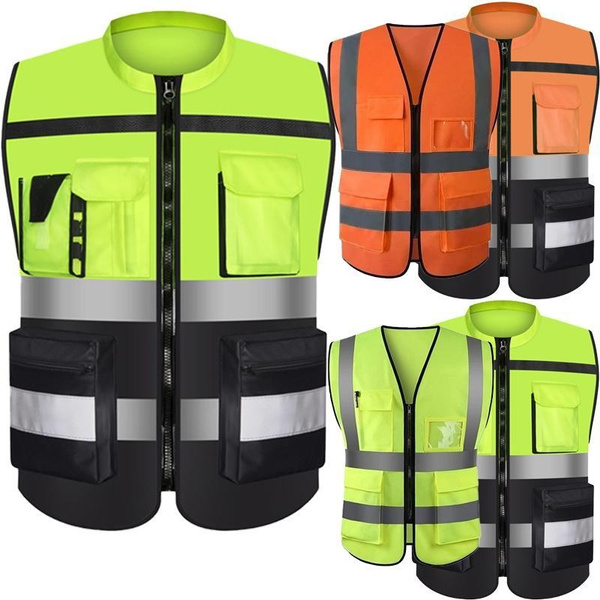 Multi-pockets High Visibility Zipper Safety Vest with Reflective Strips ...