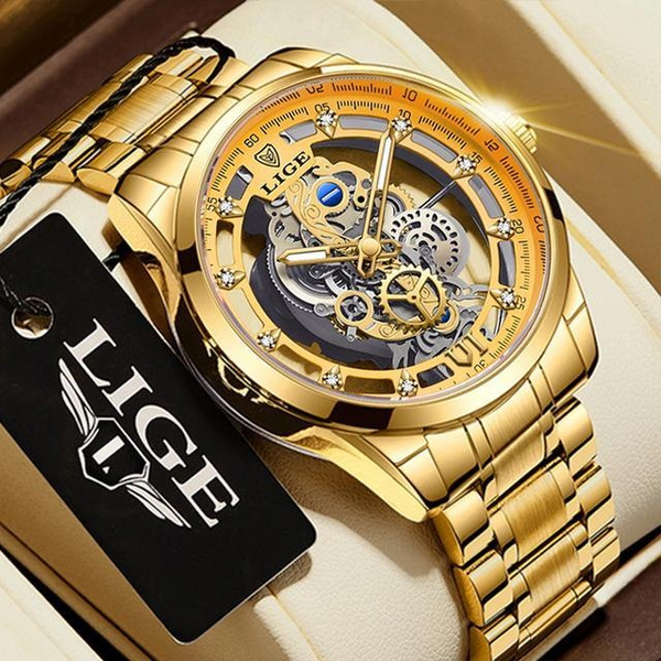 2023 LIGE Men Watch Skeleton Automatic Quartz Watch Gold Skeleton ...