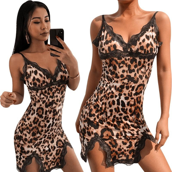 Sexy Leopard Print Night Dress Women Deep V Neck Silky Satin Nightie Lace Sling Nightgowns