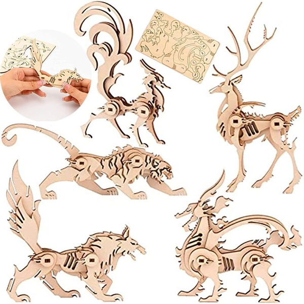 2 or 1 sets 3D Wooden Puzzle Blocks DIY Fox Puzzle Dolls Log Deer Tiger ...