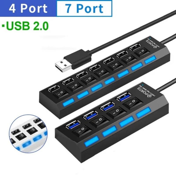 Newest High Speed 7 Ports / 4 Port LED USB 2.0 Adapter Hub Multi-Port Socket Powered ON/OFF ...