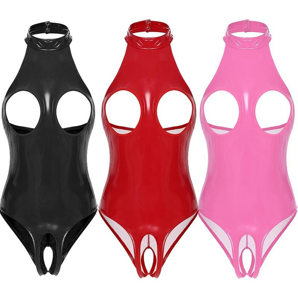 Women Wet Look PVC Leather Cutout Front Crotchless Leotard Bodysuit ...