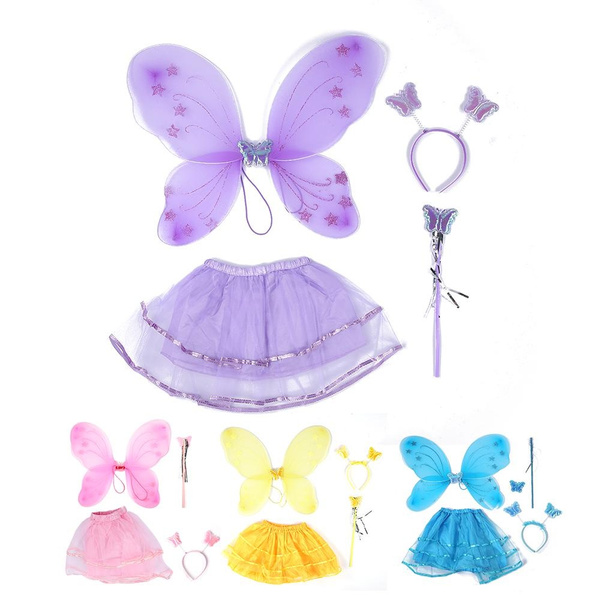 Girls Princess Fairy Costume Set Fairy Wing Wand Headband Skirt ...