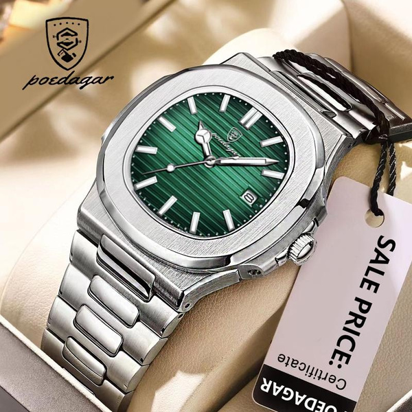 New POEDAGAR Luxury Green Watch Business Waterproof Male Clock Luminous ...