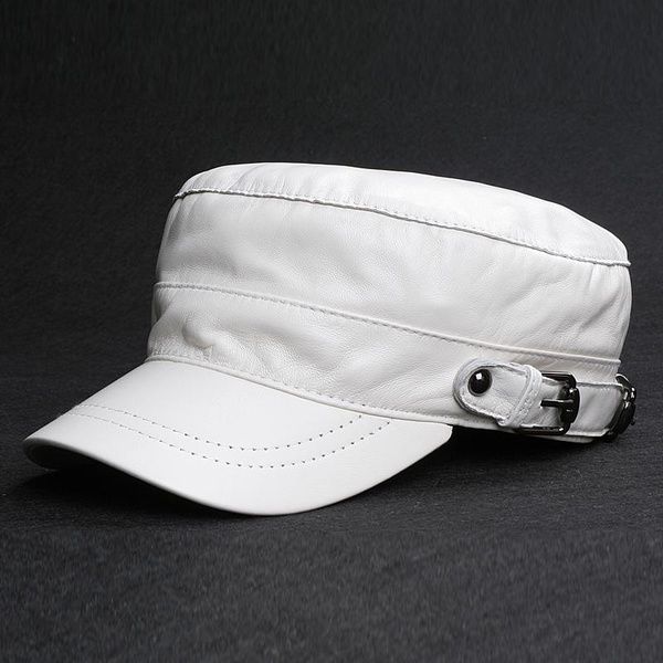 Korean Flat Top Military Hats Men Genuine Leather Fitted White Caps ...