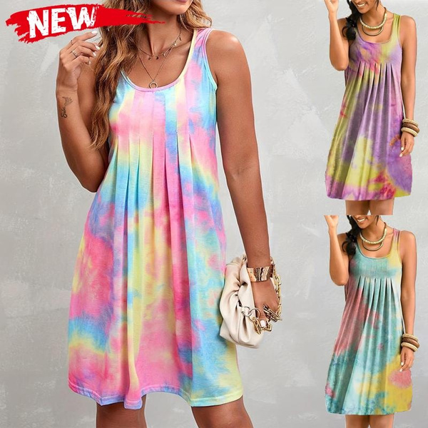 Dresses for Women Summer Tie Dye Printed Spaghetti Strap Dresses Casual ...