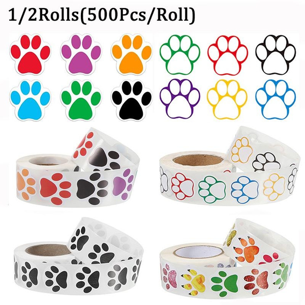 1/2Rolls (500 PCS/Roll) 4 Types Colorful Paw Print Stickers Dog Cat ...