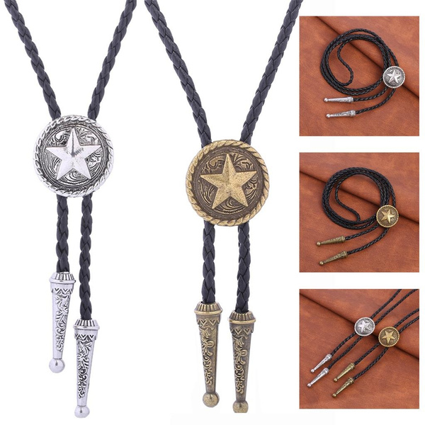 American Bolo Tie Vintage Western Punk Cowboy Star Pendant Faux Leather ...