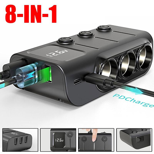 1PC 8-IN-1 Multi-Port Car Charger 120W 12V/24V 3Socket Cigarette ...