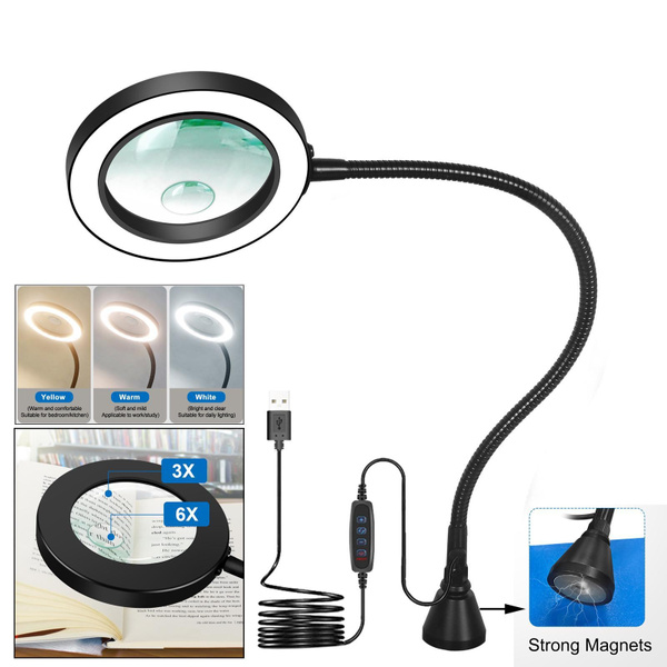 3X/6X LED Magnifying Glass Lamp Magnetic Base 360° Metal Flexible Arm ...