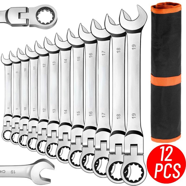 12PCS/SET 8-19mm Metric Flex-Head Ratcheting Wrench Set Professional Chrome Vanadium Steel ...