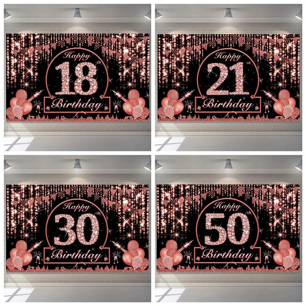 1pc Polyester Birthday Background Rose Gold Happy Birthday Backdrop for ...
