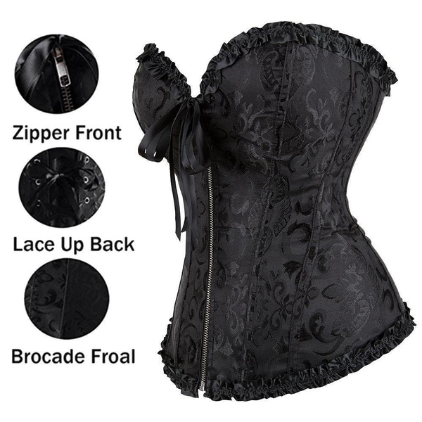 Fashion Sexy Womens Overbust Corset Waist Cincher Corsets Zip Lace Up Brocade Shapewear Bustier