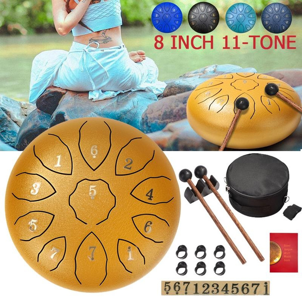 8 Inch 11-Tone Steel Tongue Drum Hand Pan Drums with Drumsticks ...