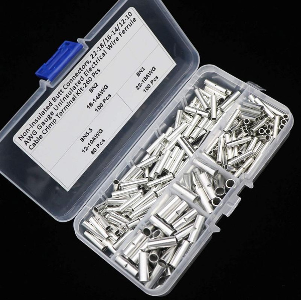 260 Pcs Non Insulated Butt Connectors 22-18/16-14/12-10 AWG Gauge ...