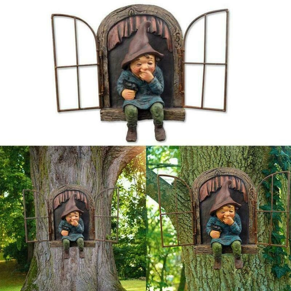 Elf Out The Door /Window Tree Hugger Naughty Garden Gnome Statue Tree ...
