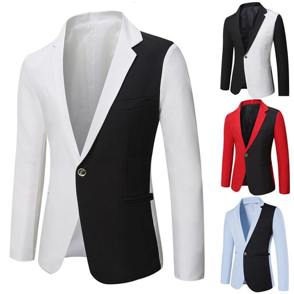 New Men's Splice Color Contrast Long Sleeve Suit Youth Business Leisure ...