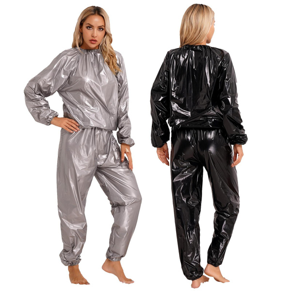 2Pcs PVC Sauna Suit Long Sleeve Elastic Cuff Top Pants Set Weight Loss ...