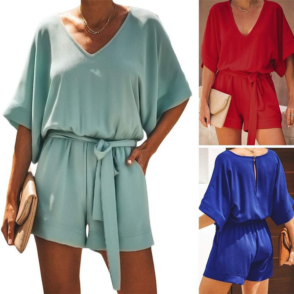 Women Fashion Short Sleeve V Neck Chiffon Romper Summer Beach Jumpsuit ...