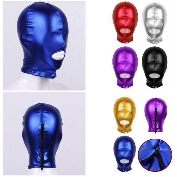 Unisex Mens or Women Latex Shiny Metallic Open Mouth Hole Headgear Full ...