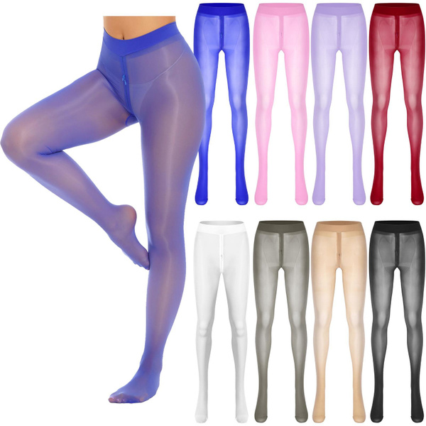 Womens Zipper Crotch Sheer Pantyhose Stretchy See Through Tights Solid Color Elastic Waistband