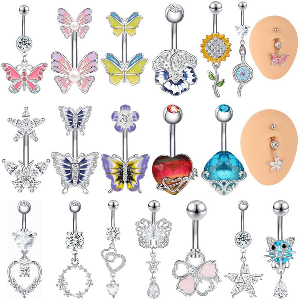 1 PC 14G Stainless Steel Belly Button Ring Butterfly Flower Heart CZ ...