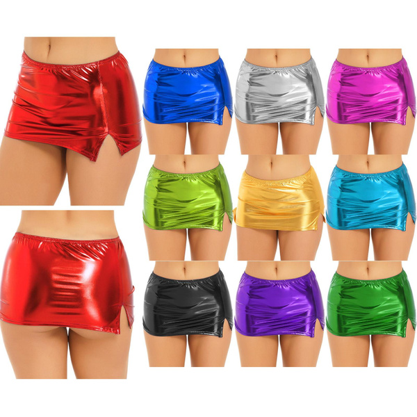 Wetlook Sexy PU Leather Pencil Skirt Candy Color Shiny Pole Dance ...