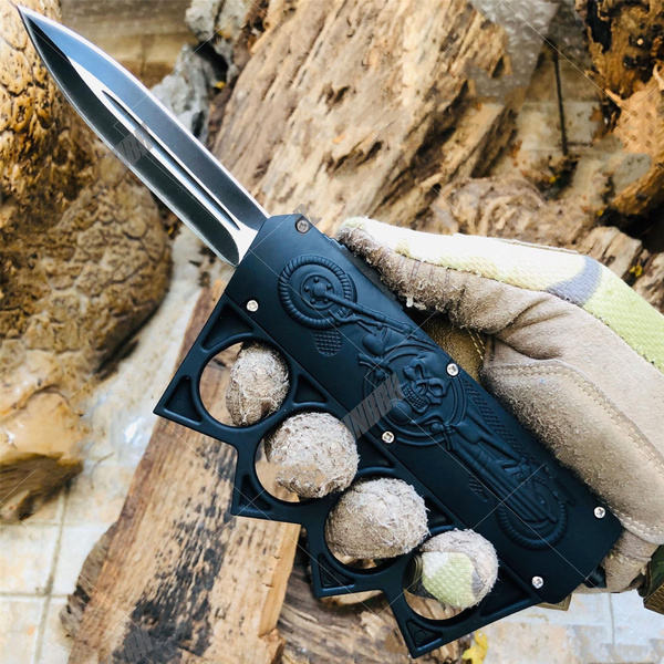 NEW Pocket OTF AUTO Tactical Brass Skull Knuckle Duster Ring Pocket ...