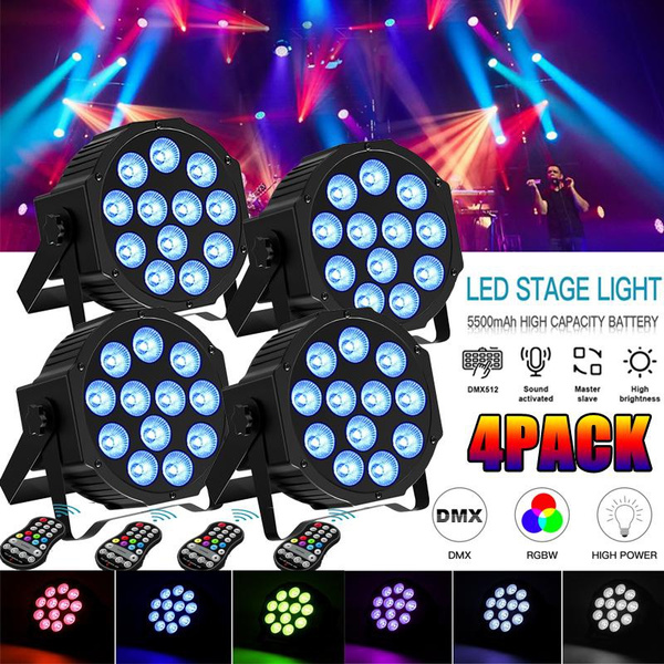 4Pack 12LED RGBW 4 in 1 LED Built-in Battery PAR Light Strobe Light Color Mixing PAR Lights ...