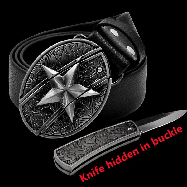 Men Belt Buckle Knife Leather Belts for Men Outdoor Self-defense Knife ...