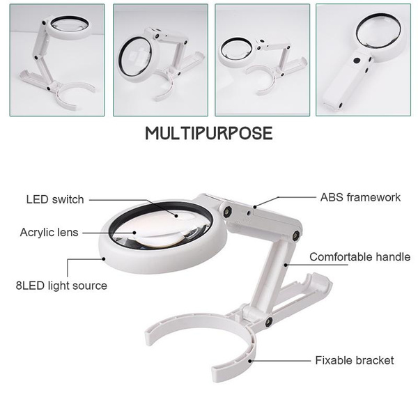 Foldable Stand Table 5/11X Magnifying Glass With 8 LED Lights Magnifier ...
