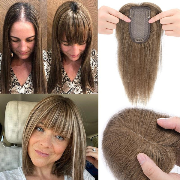 6"-18" Real Human Hair Toppers with Bangs Silk Base Breathable Clip in ...