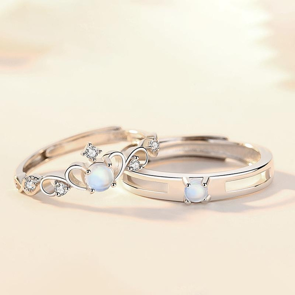 Moonlight lovers couple ring men and women a pair of moonlight diamond crown couple ring opening ...