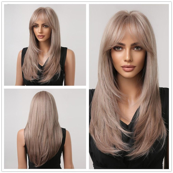 24 inch Layered Long Straight With Bangs High Density Synthetic Wigs ...