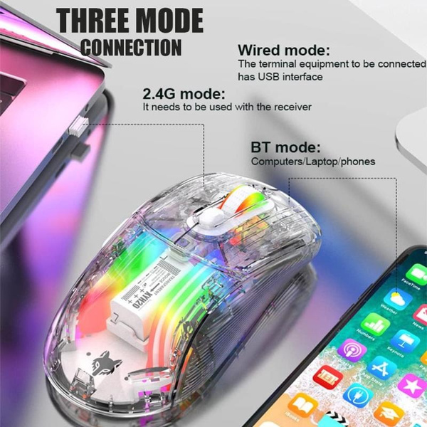 Bluetooth Wireless Mouse, Transparent RGB Mechanical Dual Mode Gaming ...