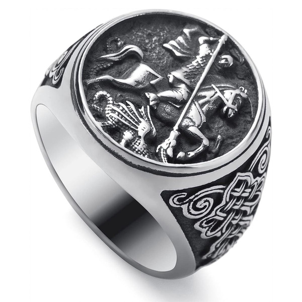 St George Round Signet Seal Ring for Men Punk Rock Vintage Classic ...