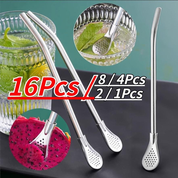 16Pcs 8 / 4 / 2 / 1 Pcs Creative Stainless Steel Straw Spoon Mate Tea ...