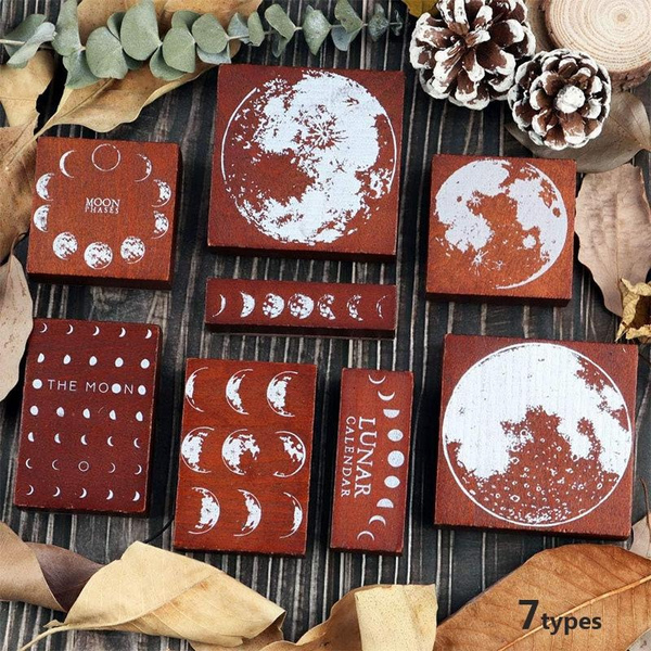 1 or 7 Pcs Wooden Stamps for Craft Moon Phase Decorative Stamp Vintage ...